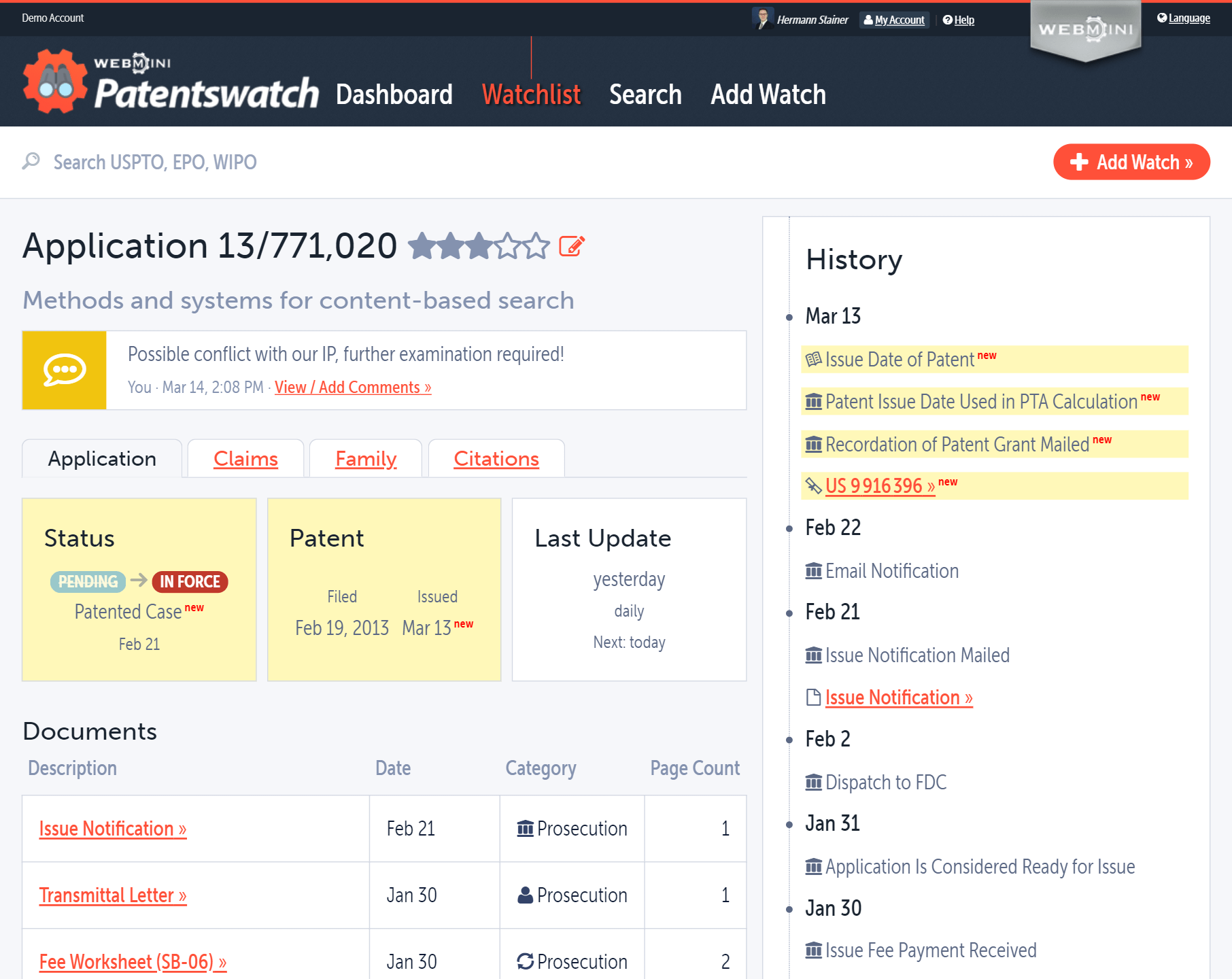 PatentsWatch: Patent Application Monitoring for USPTO PAIR, WIPO & EPO